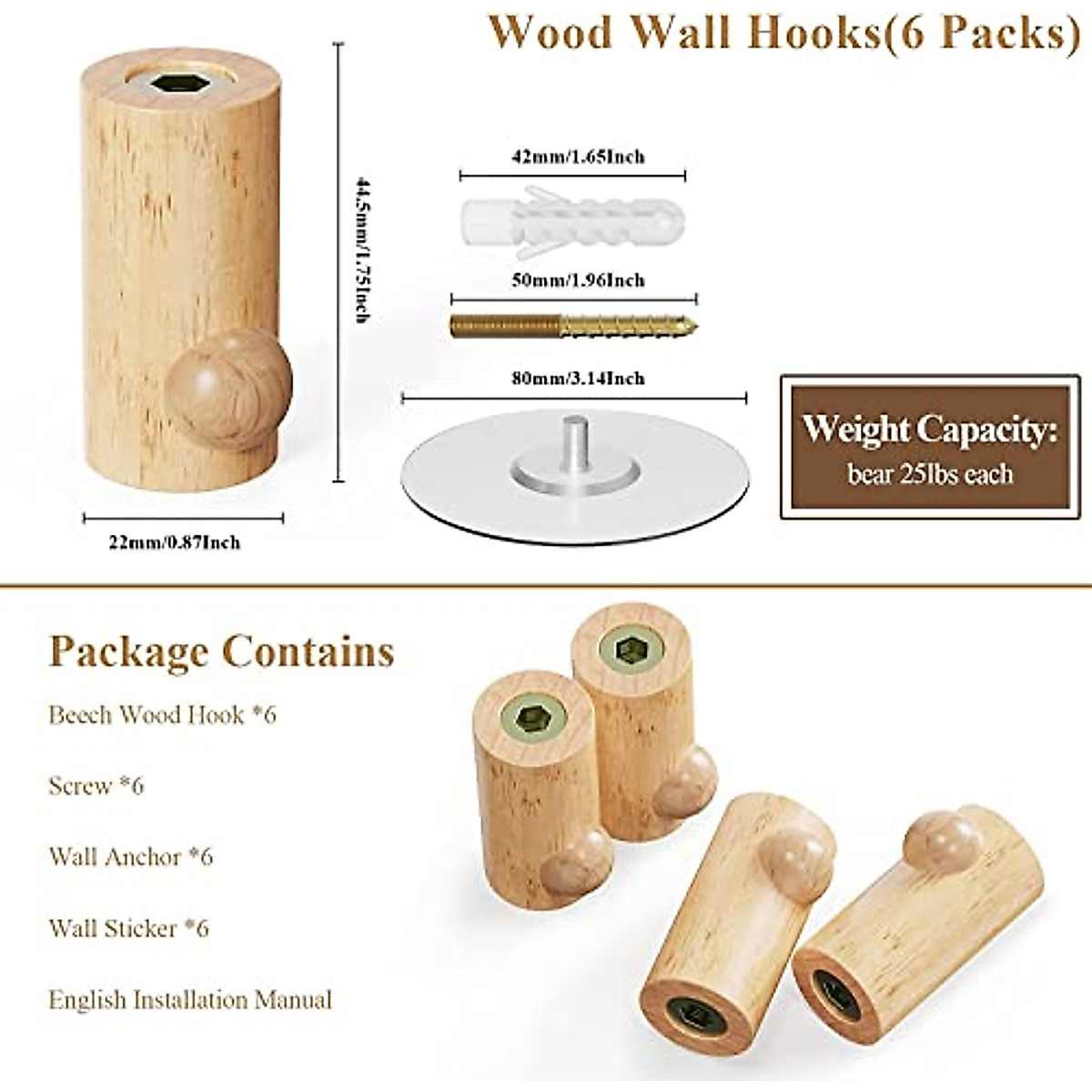 FDNVKTT Natural Wood Wall Hooks - 6 Packs - Adhesive Wooden Coat Hook Pegs - Modern Wood Pegs for Hanging - Decorative Wooden Pegs for Hanging Towel, Hat, Purse, Plant (Beech Wood)