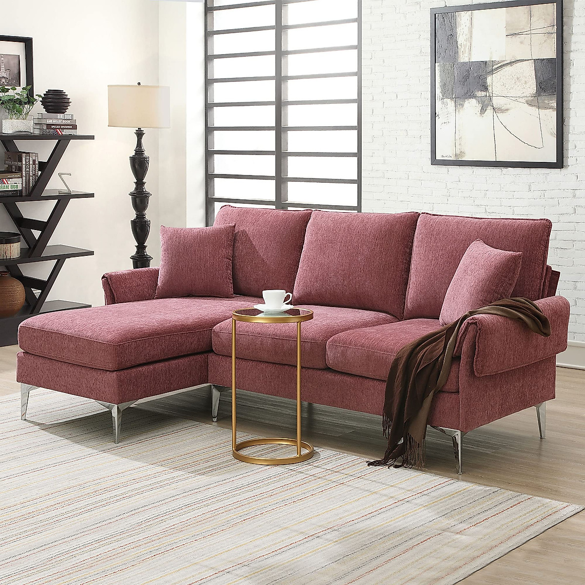 Prohon 84" L Shaped Modern Chenille Convertible Sectional Reversible Chaise Lounge and 2 Pillows, 4-Seat Couches Upholstered Small Space Sofas for Living Room,Apartment,Office, Pink