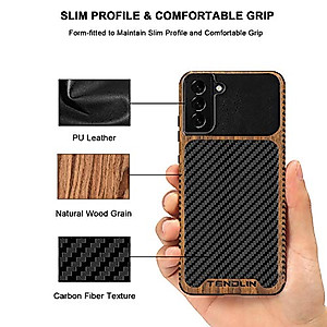 TENDLIN Compatible with Samsung Galaxy S21 Case Wood Grain with Carbon Fiber Texture Design Leather Hybrid Case Black