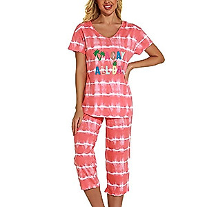 Lu's Chic Women's Cute Pajama Set Cotton Capri Loungewear Soft Short Sleeve Pjs Comfy Pants Lounge Two Piece Patterned Print Sleepwear Orange Large