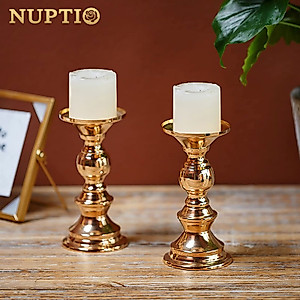 Set of 4 Gold Metal Pillar Candle Holders, Wedding Centerpieces Candlestick Holders for 2 inches Candles Stand Decoration Ideal for Weddings, Special Events, Parties