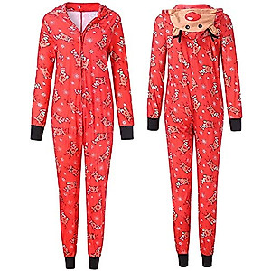 Matching Family Christmas Pajamas Sets Elk Antler Hooded Romper PJ's Zipper Jumpsuit Loungewear(Women,L)