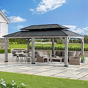 SUNJOY 12 x 20 ft. Wood Gazebo, Outdoor Patio Aluminum Hardtop Gazebo, Cedar Framed Wooden Gazebo with 2-Tier Roof, Suitable for Patios, Lawn and Backyard, Matte Black Roof + Gray Wood Frame