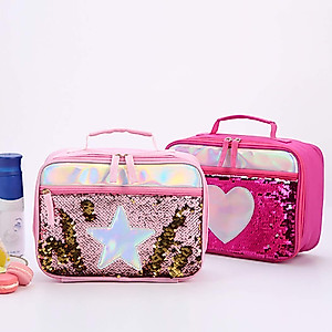 Handheld Lunch Box, Reusable Insulated Flip Sequins Lunch Tote Bag Handheld Box Roomy Carry Bag Lunchbox Gifts for Women Glittering Shining Office Travel Meal Tote Kit (Rose Red Heart)