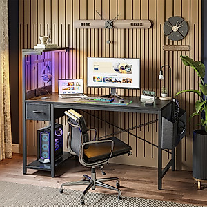 TIQLAB Gaming Desk 40 inch with Power Outlet and LED Light, Computer Desk with Reversible Shelves and Storage Drawer, Small PC Desk for Home Office Table with Bag, Carbon Fiber Black