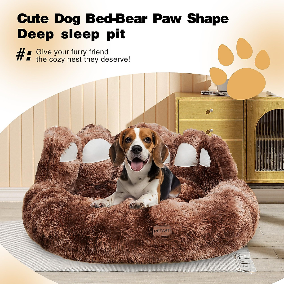 PETART Cute Dog Bed, Fluffy Cozy Bear Paw Shape Plush Round Cat Bed for Small, Medium Dogs & Large Cats,Comfortable Sleeping Puppy Cushion, Ideal for Indoor Use（Black&Coffee,18inch