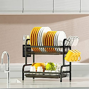 Swedecor Dish Drying Rack for Kitchen - 2 Tier Rust-Resistant Dish Rack Small Dish Drainer with Drainboard Tray, Cup Holder and Utensil Holder for Kitchen Countertop Saving Space, Black