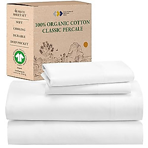 California Design Den 100% Organic Cotton Sheets for Queen Size Bed, Deep Pockets, Percale Sheets Queen, GOTS Certified, Soft Cooling Sheets, 4 Piece Bed Sheets Queen Sheet Set, White Sheets