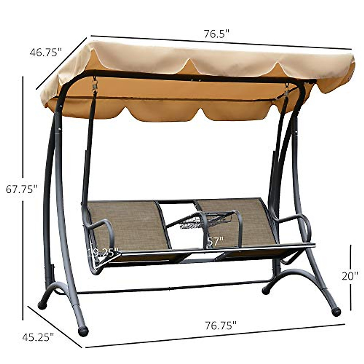 Outsunny 2-Seat Patio Swing Chair, Outdoor Porch Swing Glider with Adjustable Canopy, Cup Holders and Storage Tray, for Garden, Poolside, Backyard