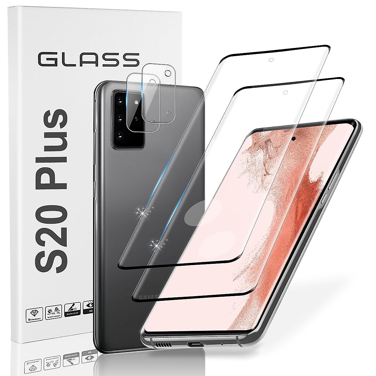 Premium [2+2 Pack] for Samsung Galaxy S20 Plus 9H Hardness Tempered Glass Screen Protector and Camera Lens Protector, 3D Full Coverage, Fingerprint Unlock, Galaxy S20 Plus Screen Protector(6.7 Inch)