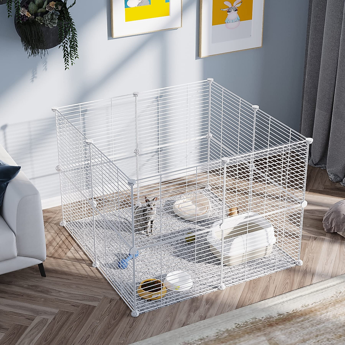 C&AHOME Pet Playpen, Small Animals Supplies, 16 Panels Exercise Playpens Cage, C Grids Portable Yard Fence Indoor, Ideal for Guinea Pigs, Pet Products, DIY Metal Yard Fence, 12" × 15" White UPPM3416W