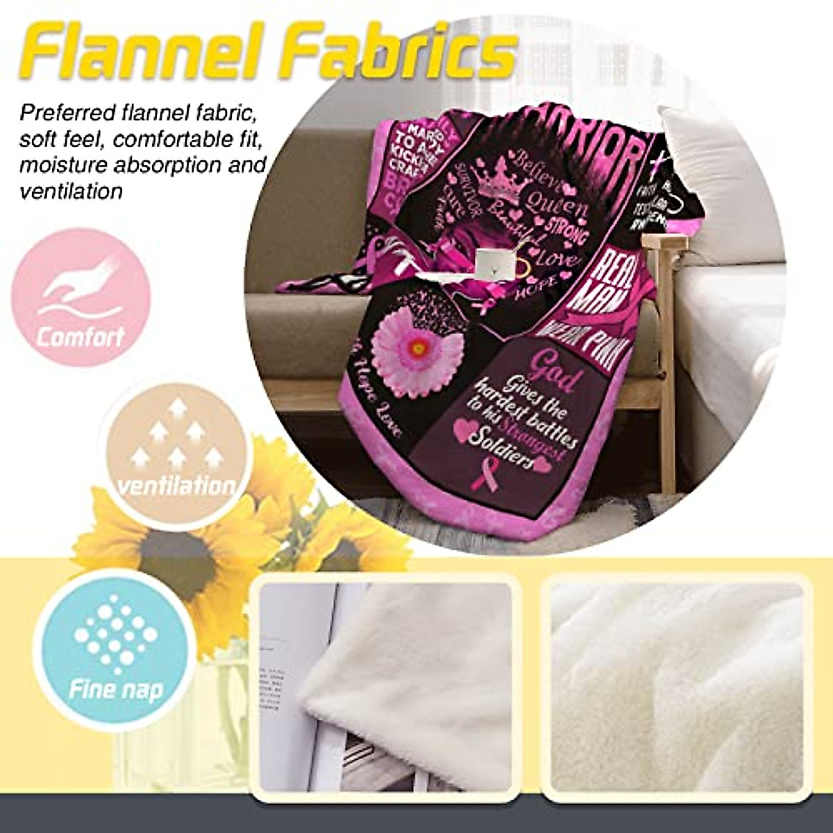 Breast Cancer Awareness Blanket, Black Women Fight Like A Warrior Flannel Soft Cozy Throw Blanket Breast Cancer Pink Ribbon Decorative Throws, Breast Cancer Survivor Gifts for Women 50x60 Inches