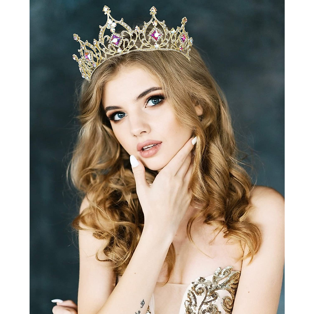 Wecoe Gold Crown for Women AB Rhinestone Tiara Baroque Style Crown Birthday Girls Rhinestone Tiaras and Crowns Princess Queen Crown Wedding Hair Accessories for Brides Happy Birthday Decorations Gifts