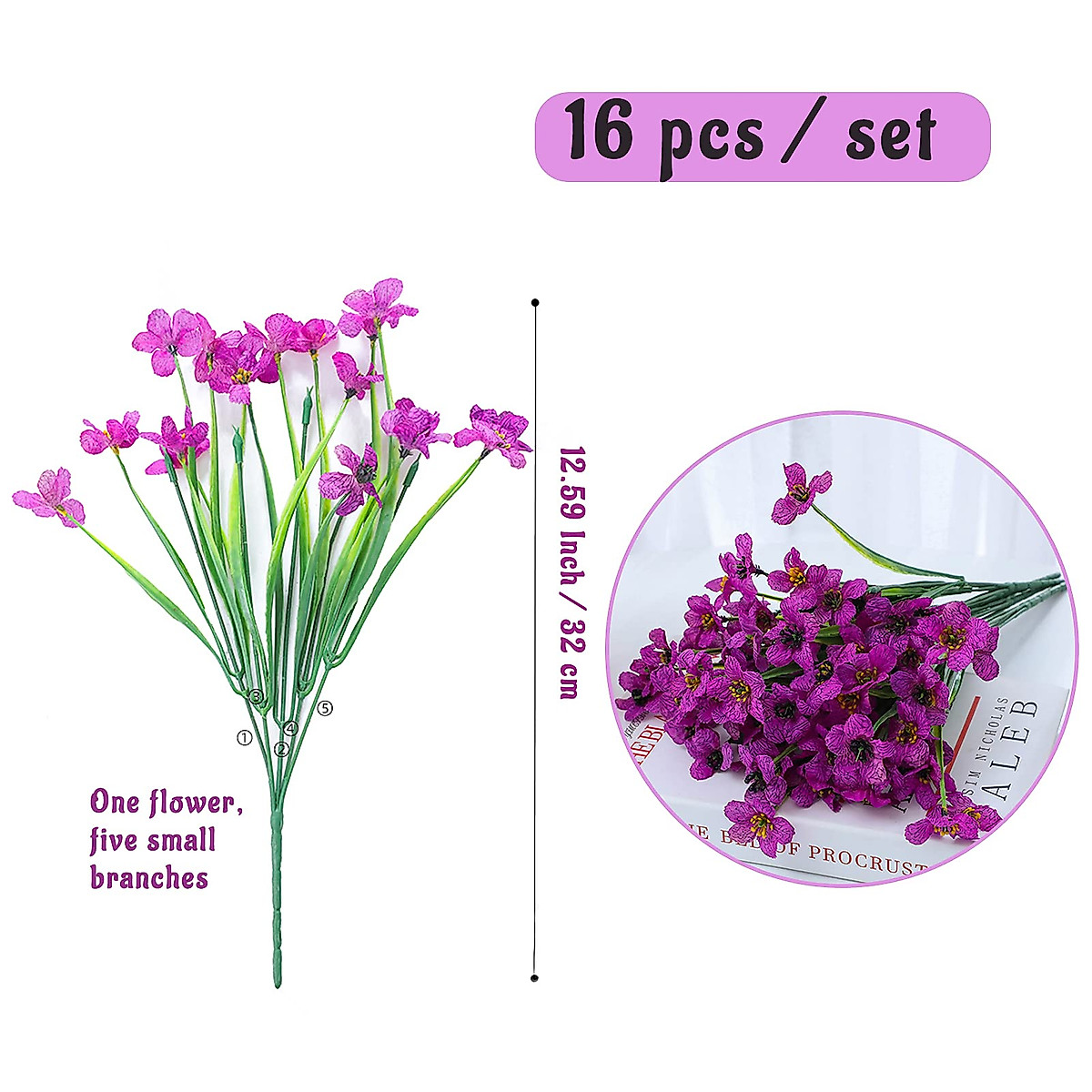 16 Bundles Artificial Plants for Outdoors UV Resistant No Fade Fake Plastic Flowers Decoration Faux Plastic Greenery Garden Indoor Home Yard Kitchen Office Wedding Porch Window Box Decor (Purple) .
