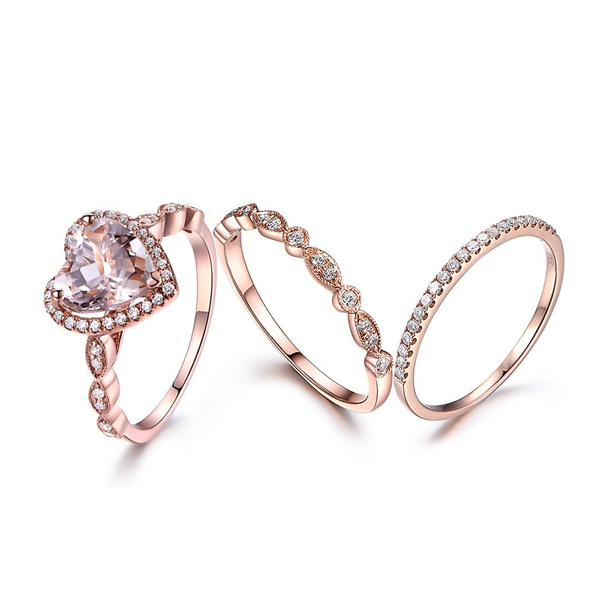 3pcs 14k Rose Gold Engagement Ring Set,8mm Heart Shaped Pink Morganite Halo Vintage Diamond Bridal Band