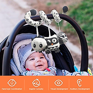Hanging Toys for Car Seat Crib Mobile, Infant Baby Spiral Plush Toys for Crib Bed Stroller Car Seat Bar - Black and White Color Toy with Rattles Owl BB Squeaker Sun