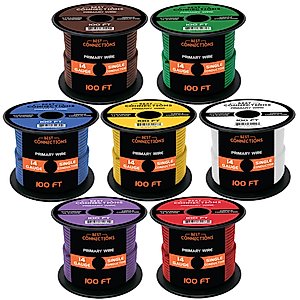BEST CONNECTIONS 14 Gauge Automotive Primary Wire (100ft Each – 7 Color Bundle Set)– Durable Primary/Remote, Power/Ground Electrical Wire for Trailer, Car Audio, Lighting Circuits– 700ft Total