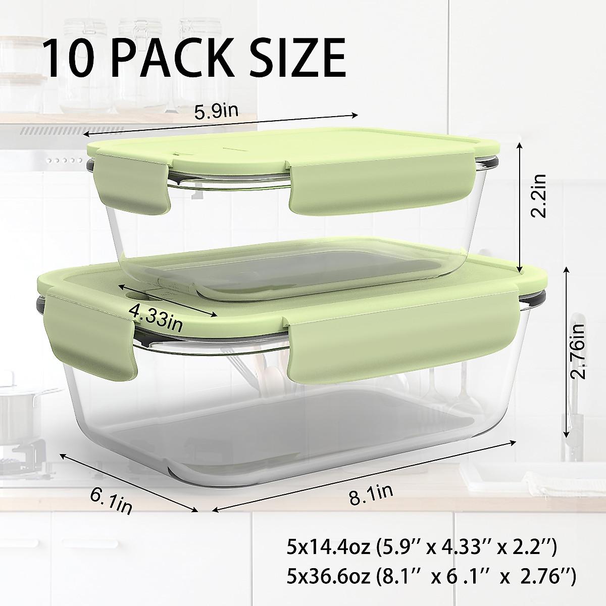 ZRRHOO 10 Pack Glass Food Storage Containers with Lids, Freezer Meal Prep Containers (Built in Vent), Green Kitchen Style Bento Boxes for Storage, BPA Free & Leak Proof (Green)