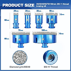 Diamond Core Drill Bit Set-4/5 1" 1-3/8" 2" 3" 4" Diamond Hole Saw,for Porcelain Tile Ceramic Marble Granite Drilling with 5/8-11 Thread（20 25 35 50 75 100mm）