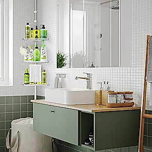 Yvilant Corner Shower Caddy Tension Pole, 4 Layer Rustproof Shower Corner Shelf Stainless Steel Pole Organizer Standing Shower Organizer Adjustable Shower Shelf, 59-110 Inches, Silver