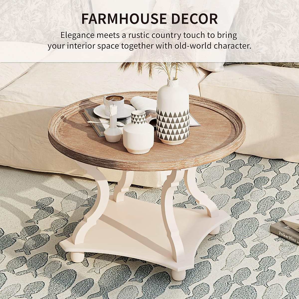 COZAYH Round Farmhouse Coffee Table with Handmade Finishes, Wood Tray Top Rustic Coffee Table for Added Thickness, Accent Table with Storage for Living,White 32“X32”X20“