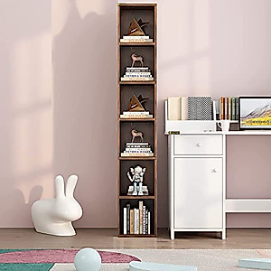 MIN WIN 6-Tier Wooden Tall Narrow Open Bookcase and Bookshelves, 68.5" Modern Freestanding Cube Display Storage Organizer Shelf, Corner Bookcase Narrow Bookshelf with Storage Space, Rustic