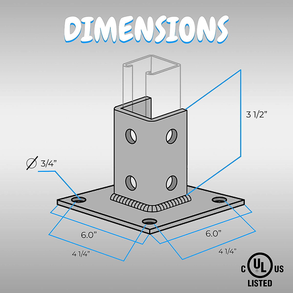 OhLectric Strut Post Base Single Channel with 4 Mounting Holes - Heavy Duty Galvanized Zinc Plated Square for Single Channel Fence Post Base - Side Orientation - 6-inch x 6-inch Base - OL-48010