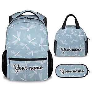 AIOMXZZ Personalized Dragonfly Backpack with Lunch Box Set for Girls, 3 in 1 School Backpacks Matching Combo, Cartoon Green Bookbag And Pencil Case Bundle