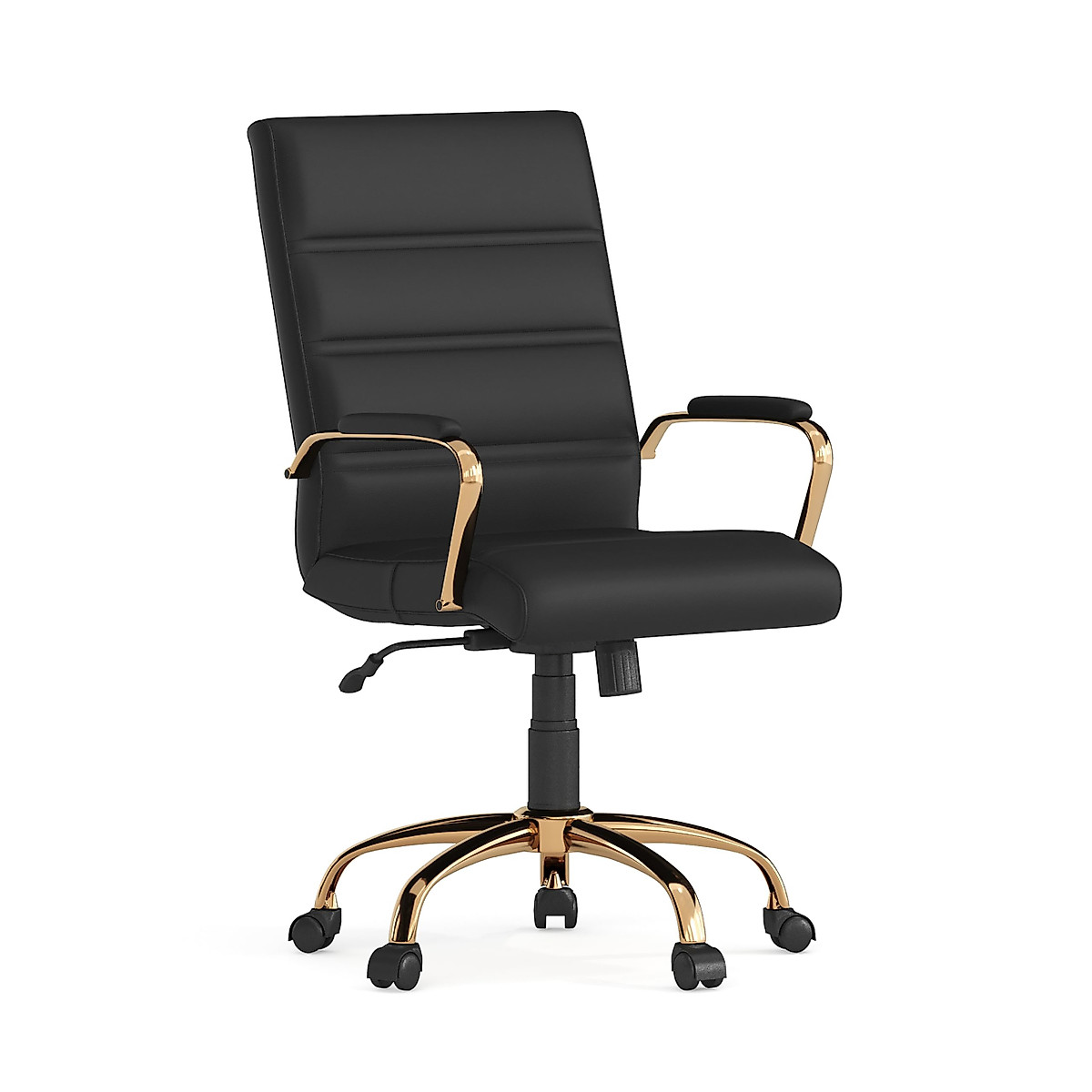 Merrick Lane Milano Contemporary Mid-Back Black Faux Leather Home Office Chair with Padded Gold Arms