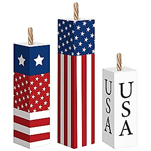 3 Pieces 4th of July Tiered Tray Decor Wood Memorial Day Decorations Wooden Firework Patriotic Rustic Centerpieces Farmhouse Independence Day Wooden Table Decoration for Home Tables (Star)