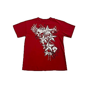 Y2k Women Grunge Short Sleeve Teen Girl Aesthetic Top Skull Graphic Print Oversized Halloween Baggy Tshirt (Red Star, M)