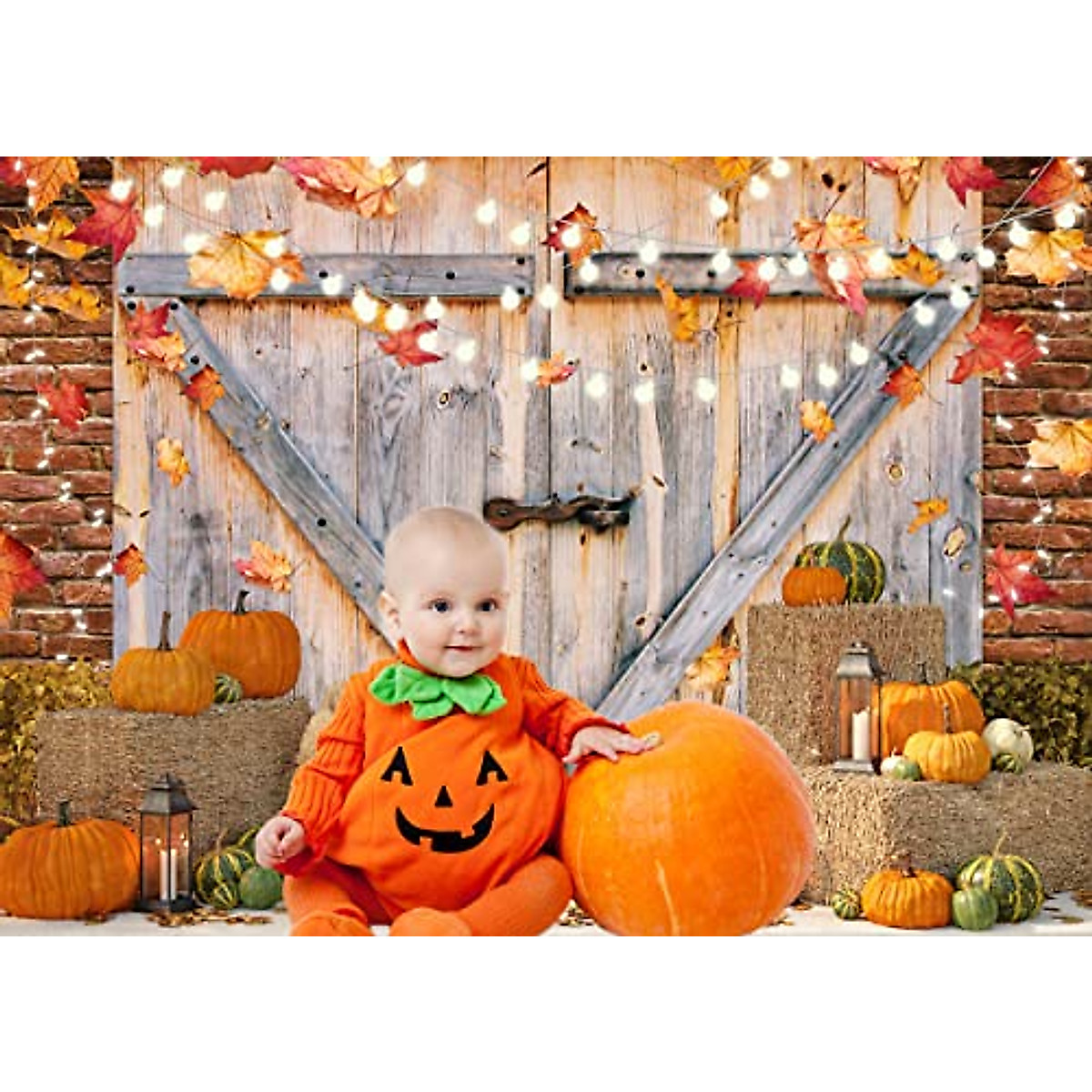 AIIKES 7X5FT Fall Thanksgiving Backdrop Autumn Pumpkin Harvest Barn Door Photography Backdrop Light Post Maple Leaves Haystack Thanksgiving Party Decorations Photo Studio Prop 12-457