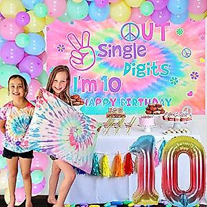 Tie Dye 10th Birthday Decorations for Girls, Peace out Single Digits, Macaron Balloon Garland Kit with Out Single Digits I'm 10 Backdrop, Hippie Theme Happy 10th Birthday Decorations