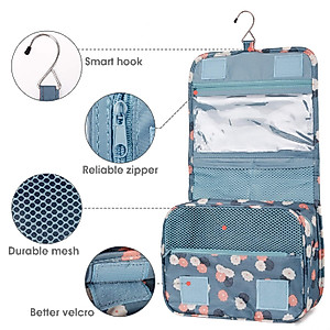 Narwey Hanging Toiletry Bag for Women Travel Makeup Bag Organizer Toiletries Bag for Travel Size Cosmetics Essentials Accessories (Blue Flower)