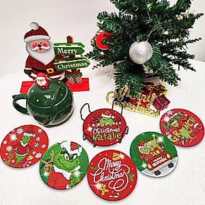 8 Pcs Christmas Diamond Painting Coasters Kit with Holder - Christmas Decoration Candy Diamond Art Coasters for Xmas Gifts, 5D DIY Christmas Cartoon Character Diamond dot Kits Coasters Craft Supplies