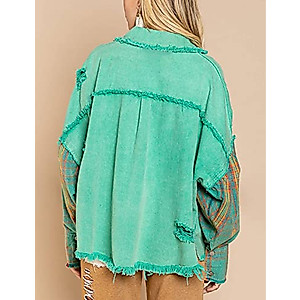 Zontroldy Denim Jean Jacket Shirt for Women Plaid Patchwork Distressed Ripped Frayed Denim Jean Jackets Shacket(0828-Green-M)