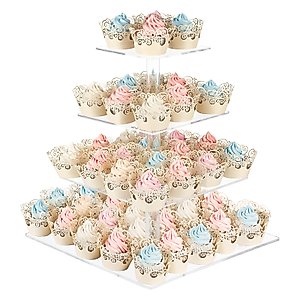 Cupcake Stand with Base, 4-Tier Square Acrylic Cupcake Display Stand Dessert Tower Pastry Stand Premium Cupcake Holder for Wedding Birthday Theme Party - Transparent