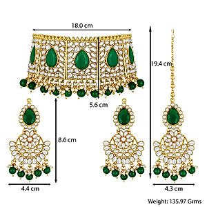 Aheli Bridal Kundan Faux Pearl Choker Necklace with Earrings Maang Tikka for Women Girls Indian Traditional Bollywood Fashion Jewelry Set Green