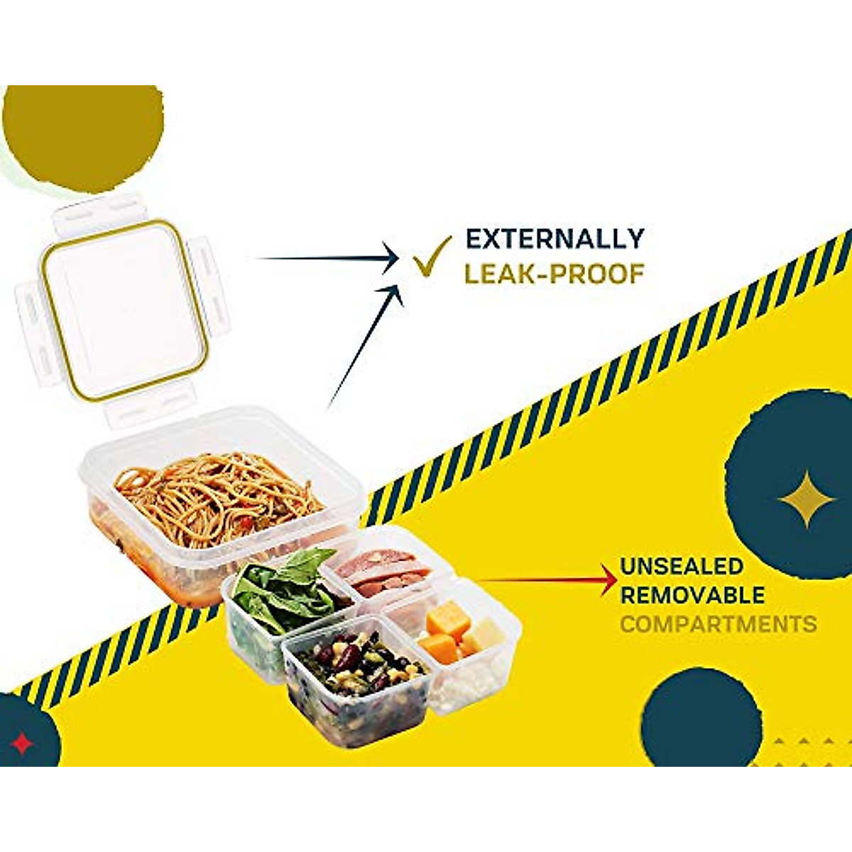Komax Biokips Foodsaver Set, Square Lunch Box Containers with 4 Removable Compartments of 700ml (23.6 oz), Pack of 5