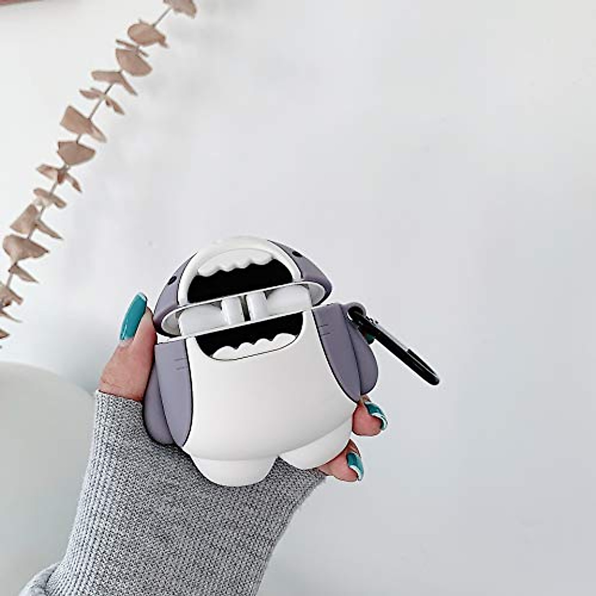 BONICI Protective Case for Huawei Freebuds 3, Creative Funny Cute Big Mouth Jumping Grey Shark Baby Soft TPU Silicone Rubber Earbud Earphone Rechargeable Cover Case Strong Protection +Hook