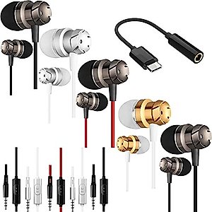 5 Packs Earbud Headphones with Remote & Microphone, SourceTon in Ear Earphone Stereo Sound Tangle Free for Smartphones, Laptops, Gaming, Fits All 3.5mm Interface Device w/3.5mm to Type C Adapter
