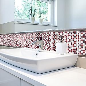 FARONZE Kitchen Mosaic Wall Tiles Peel and Stick Self-Adhesive DIY Backsplash Stick-on Vinyl Wall Tiles for Kitchen and Bathroom 12" X 12" Each, 4 Sheets Pack (Burgundy)