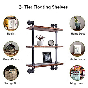 Diwhy Industrial Pipe Shelving Bookshelf Rustic Modern Wood Ladder Storage Shelf 3 Tiers Retro Wall Mount Pipe Design DIY Shelving (Black, L 24")