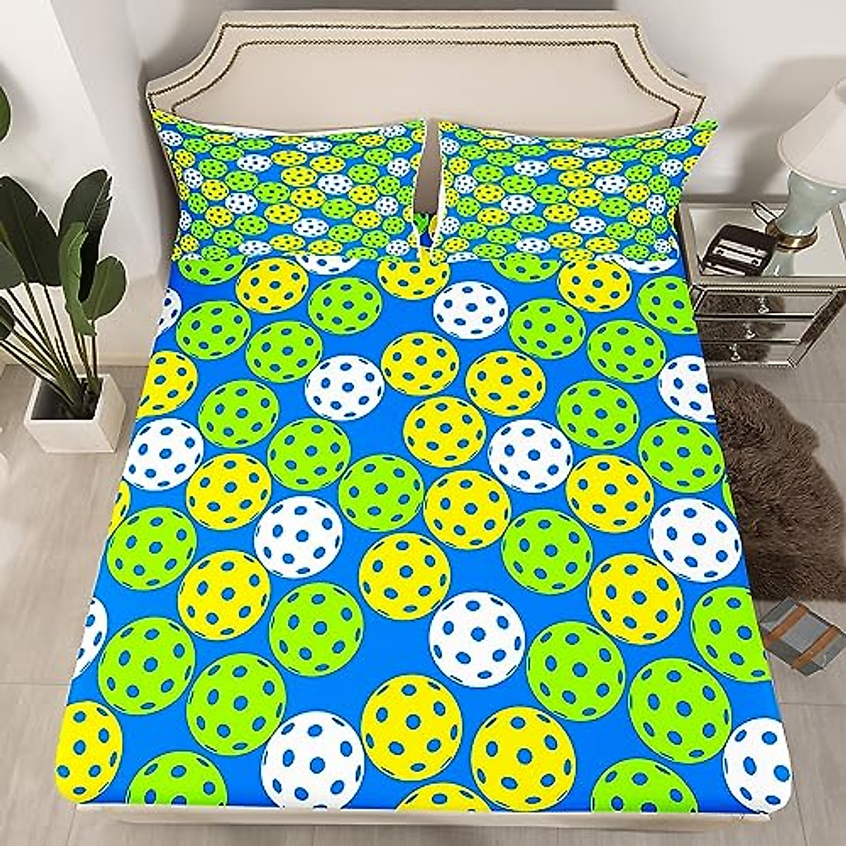 Pickleball Bed Set Ball Sports Themed Teens Sheet Set for Boys Girls Men Yellow White Green Pickleball Bed Sheets Blue Decor Sheets with 1 Pillowcase 3Pcs Bedding Twin
