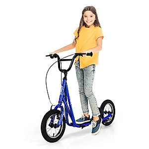 GYMAX Scooter, Kids & Adults Off-Road Scooter with 12" Inflatable Wheels, Adjustable Height Handlebar, V-Type Handbrakes & Axle Pegs for All Terrain, 8+ (Blue)
