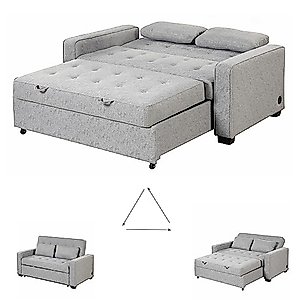 Gynsseh Pull Out Sofa Sleeper, 3 in 1 Convertible Sleeper Bed with Dual USB Ports and 2 Pillows, Linen Upholstered Adjustable Loveseat Couch for Living Room (Light Gray),Full Size