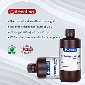 ANYCUBIC 3D Printer Resin, 365-405nm DLP UV-Curing Resin for Photon Ultra/Photon D2, High Precision and Fast Curing Craftsman Resin for DLP LCD SLA 3D Printing, 8K Capable (Grey, 1000g)