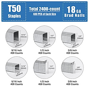 SITLDY Heavy Duty T50 Staples and 18GA Brad Nails, 2400-Count 6 Sizes Includes: 5/16", 3/8", 1/2", 9/16" T50 Staples and 3/8", 1/2" Brad Nails Assorted, Galvanized