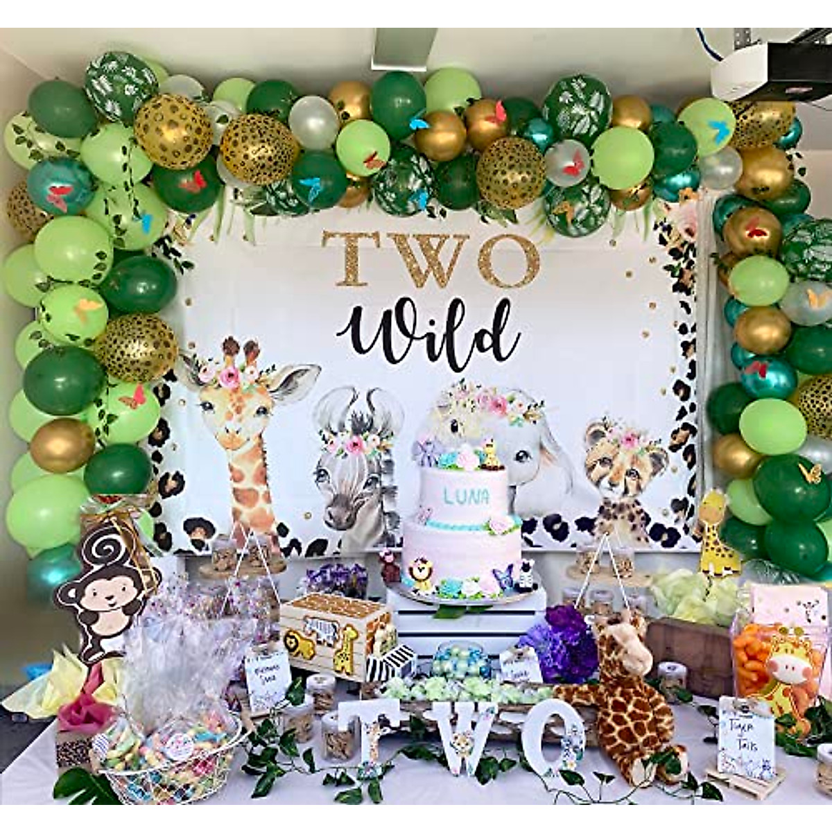 Mocsicka Two Wild Backdrop for Girl Jungle Safari Animals 2nd Birthday Party Decoration 7x5ft Floral Leopard Photo Background for Birthday Banner (7x5ft (82x60 inch))