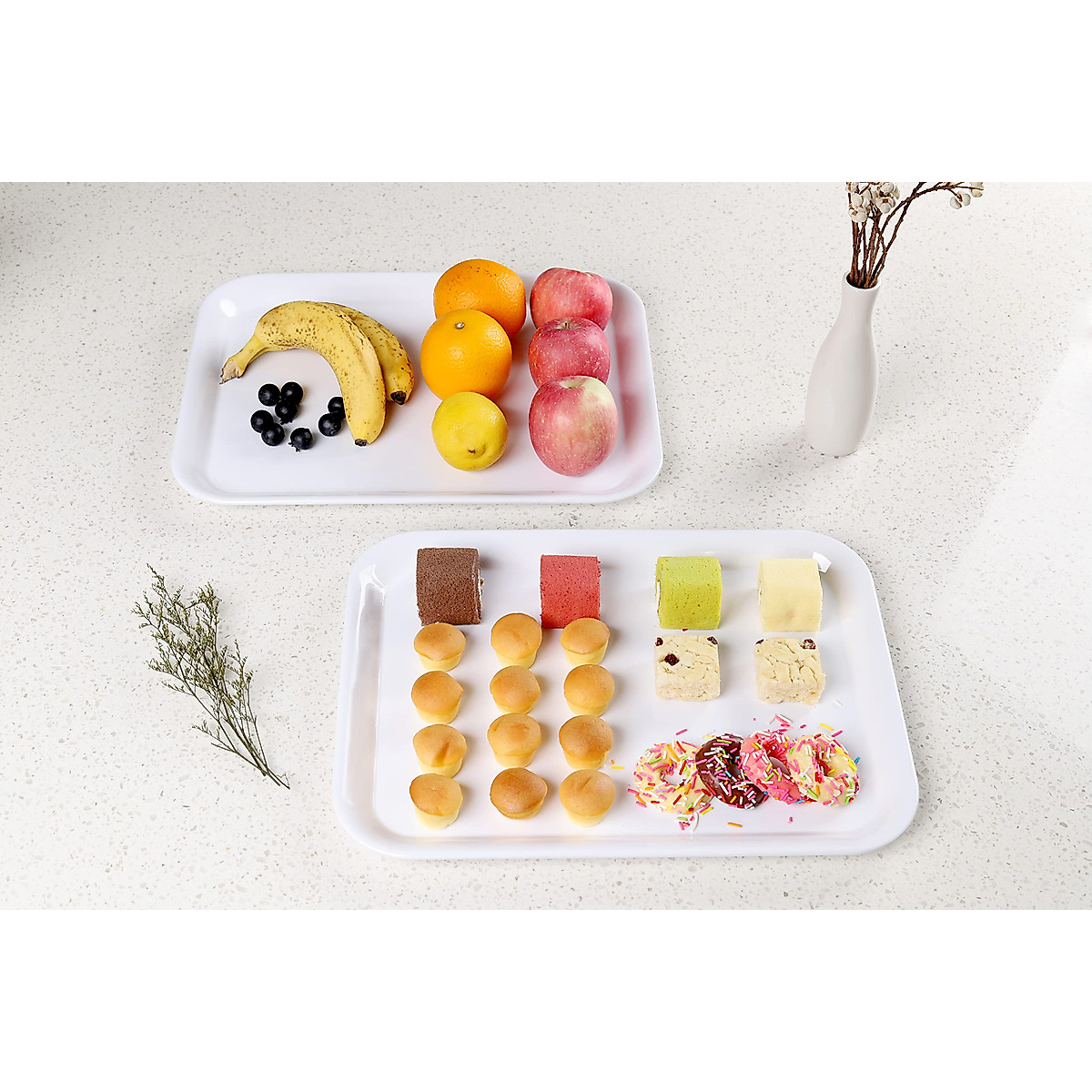 FlosSolis 15.1"x11.3" White Serving Tray Set of 2, Melamine Rectangular Serving Tray/Platters Stackable Sturdy and Easy Clean for Serving Food,Fruit,Desserts,Breakfast,Meals,BPA Free